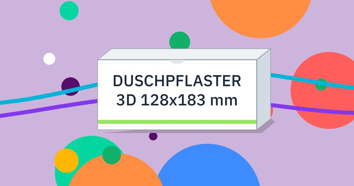 Symbolbild: Packung mit der Aufschrift DUSCHPFLASTER 3D 128x183 mm (PZN 09155253) – Verfügbarkeit und Bezug in Apotheken in Frankfurt am Main