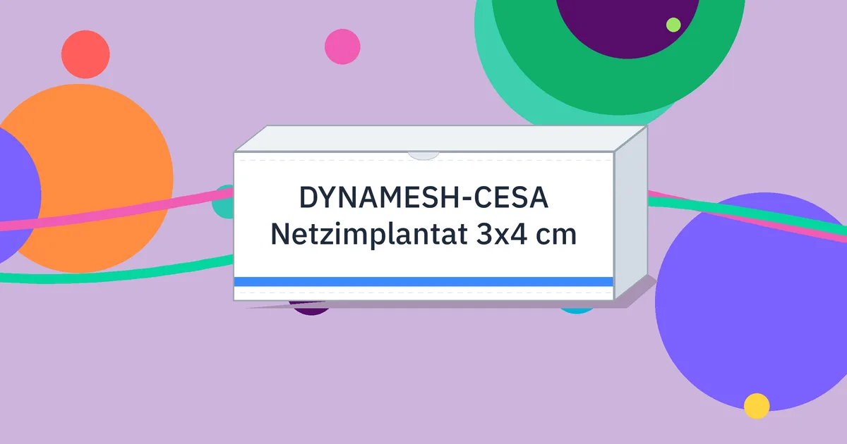 Symbolbild: Packung mit der Aufschrift DYNAMESH-CESA Netzimplantat 3x4 cm (PZN 19390297) – Verfügbarkeit und Bezug in Apotheken in Frankfurt am Main