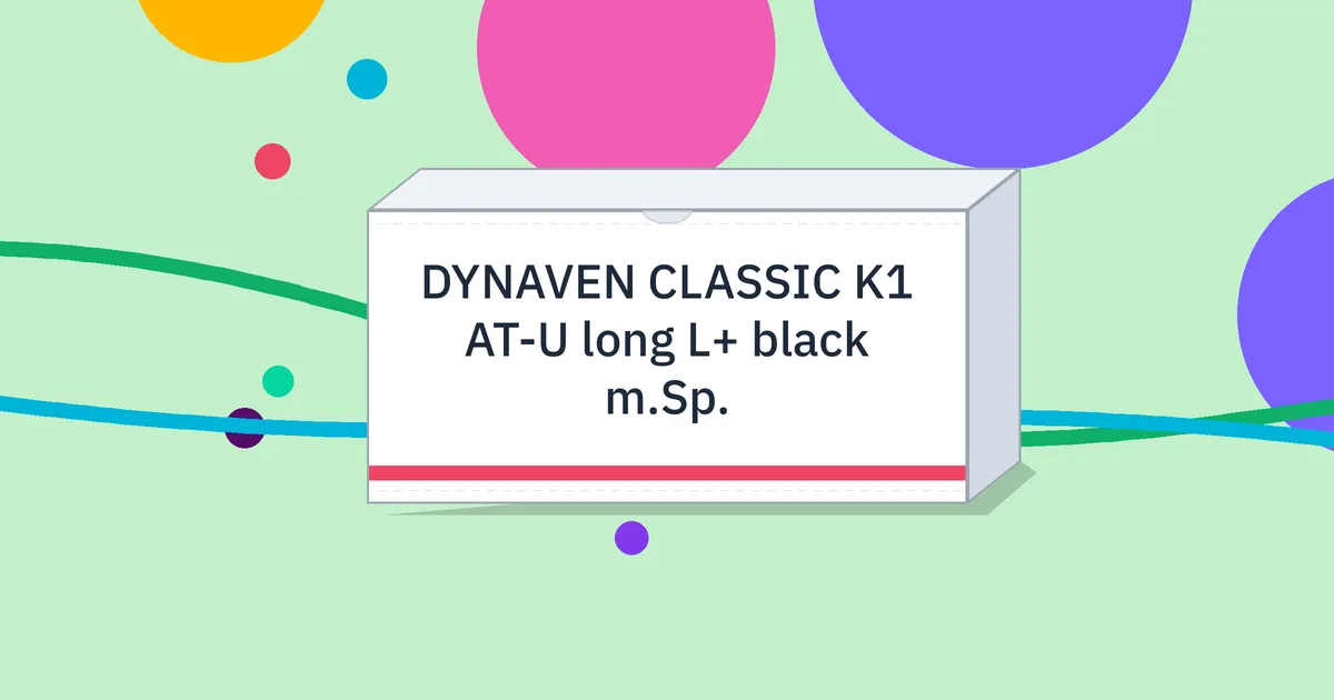 Symbolbild: Packung mit der Aufschrift DYNAVEN CLASSIC K1 AT-U long L+ black m.Sp. (PZN 18416936) – Verfügbarkeit und Bezug in Apotheken in Frankfurt am Main