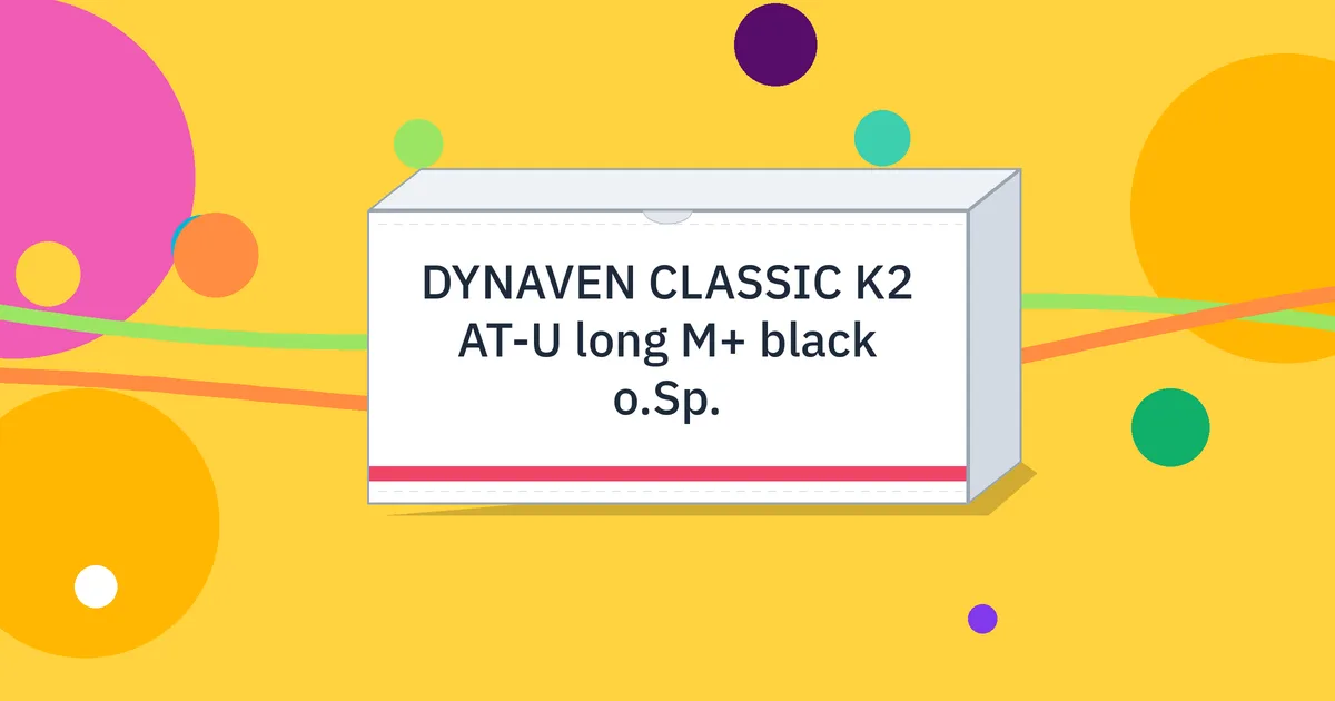 Symbolbild: Packung mit der Aufschrift DYNAVEN CLASSIC K2 AT-U long M+ black o.Sp. (PZN 18419538) – Verfügbarkeit und Bezug in Apotheken in Frankfurt am Main