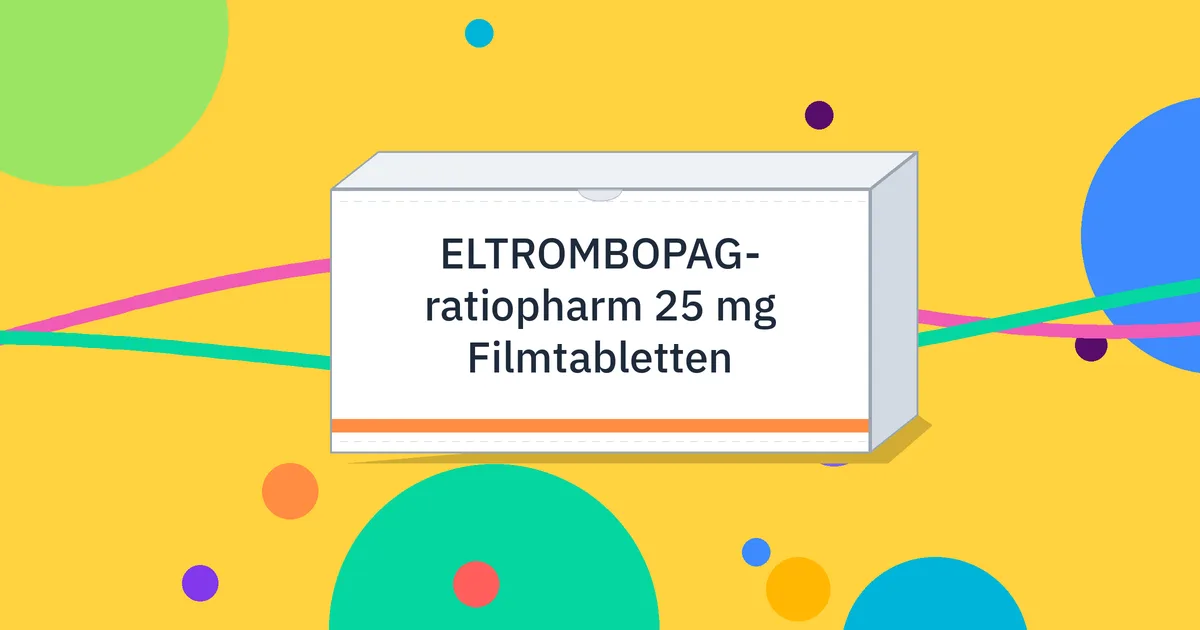 Symbolbild: Packung mit der Aufschrift ELTROMBOPAG-ratiopharm 25 mg Filmtabletten (PZN 19806125) – Verfügbarkeit und Bezug in Apotheken in Frankfurt am Main