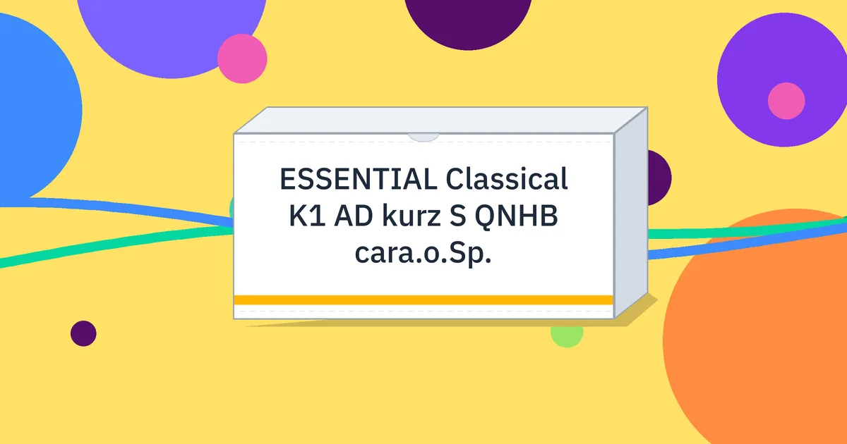 Symbolbild: Packung mit der Aufschrift ESSENTIAL Classical K1 AD kurz S QNHB cara.o.Sp. (PZN 18866214) – Verfügbarkeit und Bezug in Apotheken in Frankfurt am Main