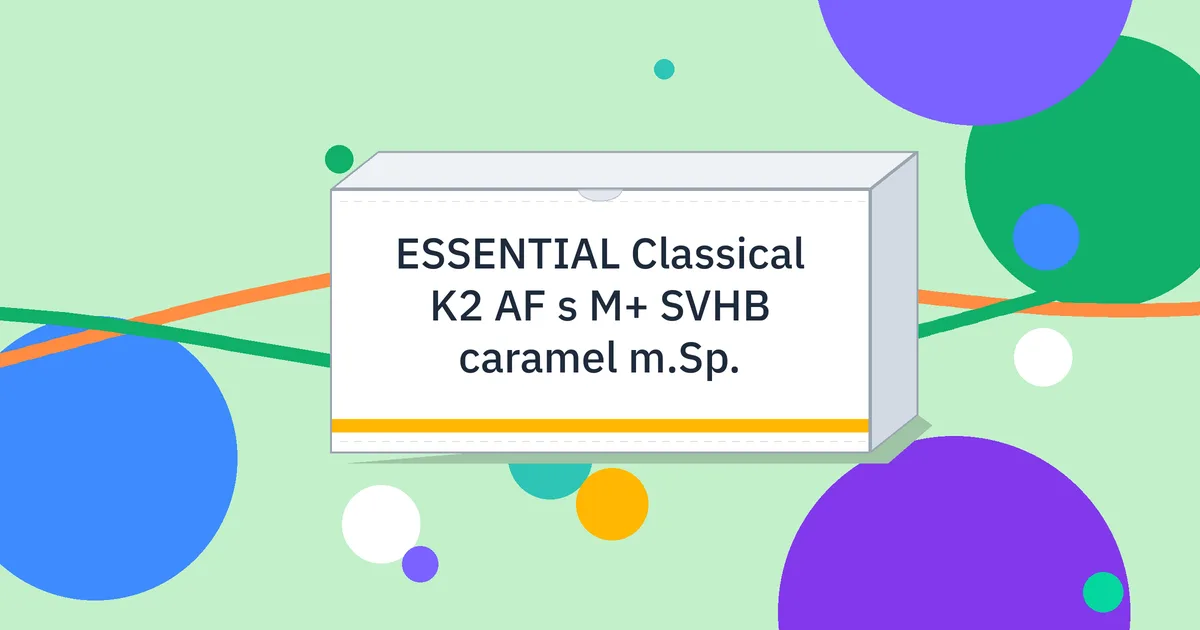 Symbolbild: Packung mit der Aufschrift ESSENTIAL Classical K2 AF s M+ SVHB caramel m.Sp. (PZN 18421860) – Verfügbarkeit und Bezug in Apotheken in Frankfurt am Main