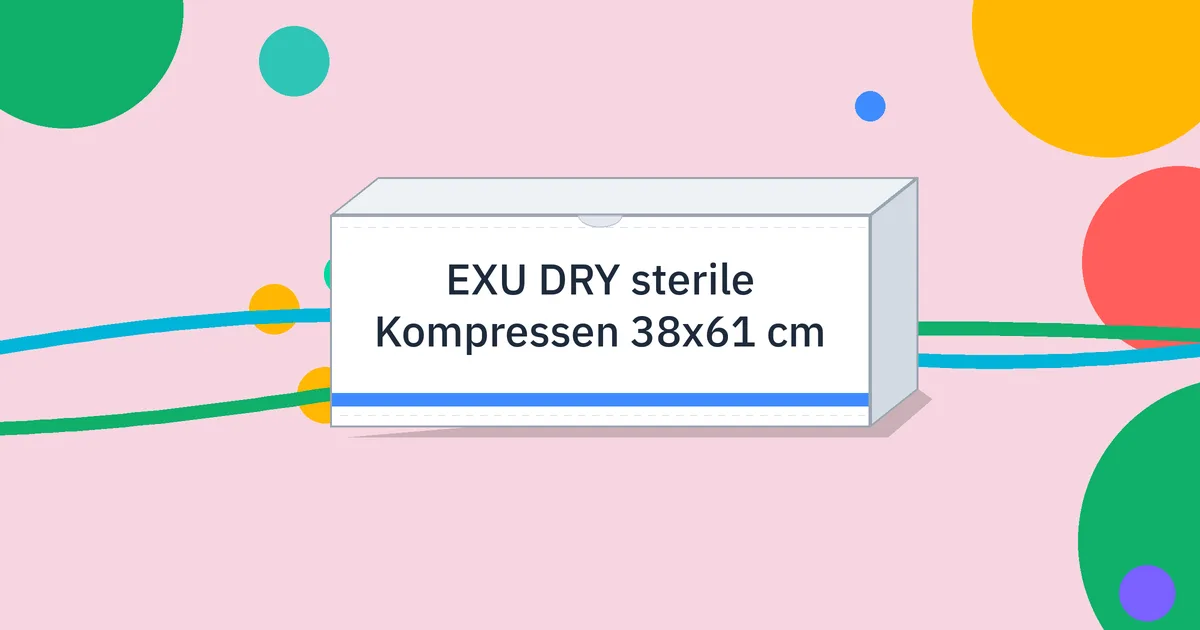Symbolbild: Packung mit der Aufschrift EXU DRY sterile Kompressen 38x61 cm (PZN 01094032) – Verfügbarkeit und Bezug in Apotheken in Frankfurt am Main