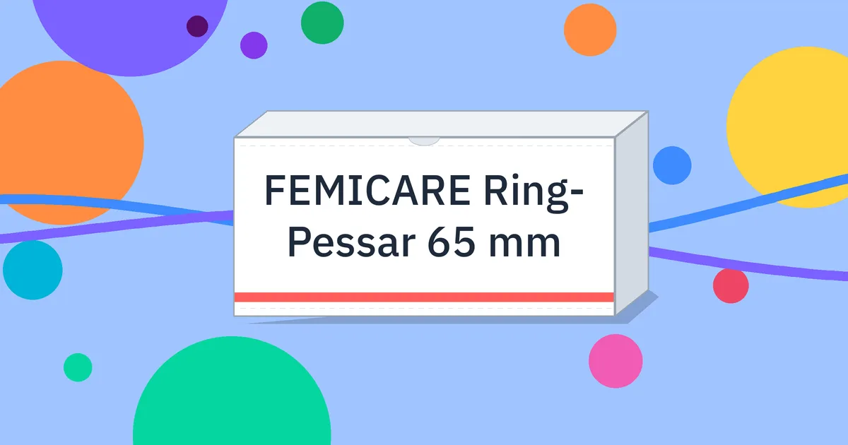 Symbolbild: Packung mit der Aufschrift FEMICARE Ring-Pessar 65 mm (PZN 19336033) – Verfügbarkeit und Bezug in Apotheken in Frankfurt am Main