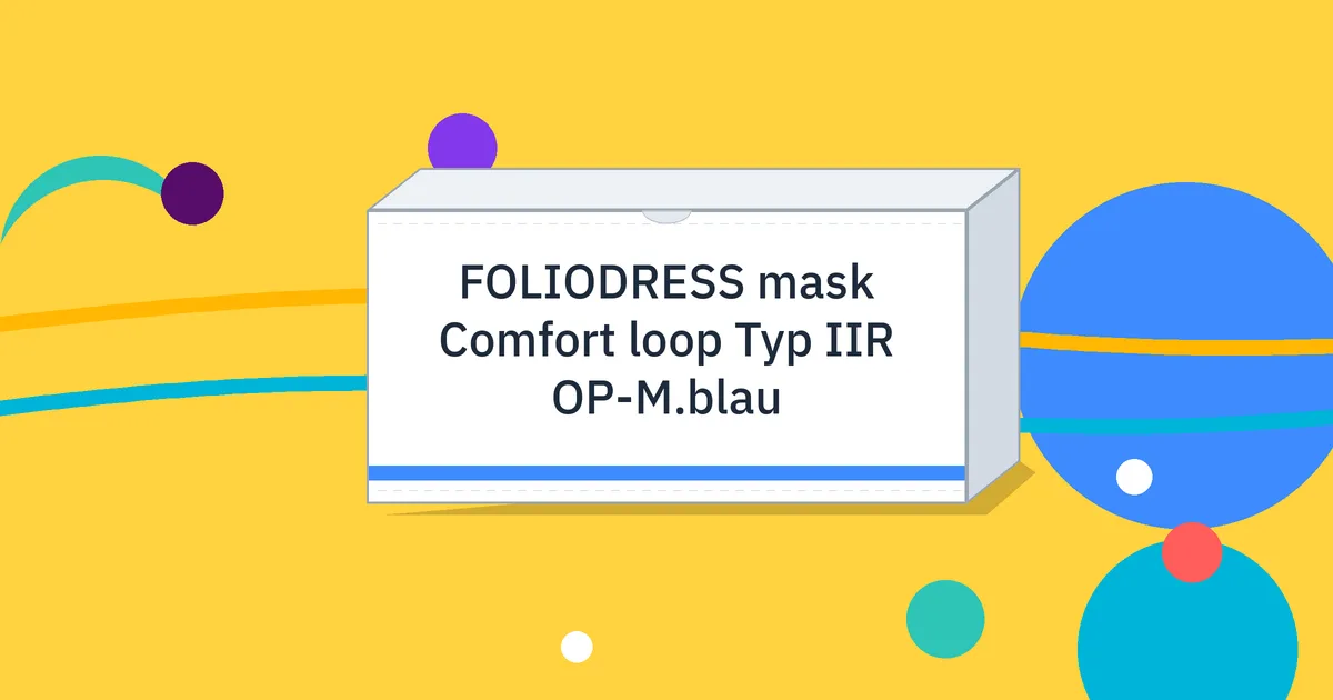 Symbolbild: Packung mit der Aufschrift FOLIODRESS mask Comfort loop Typ IIR OP-M.blau (PZN 18668069) – Verfügbarkeit und Bezug in Apotheken in Frankfurt am Main