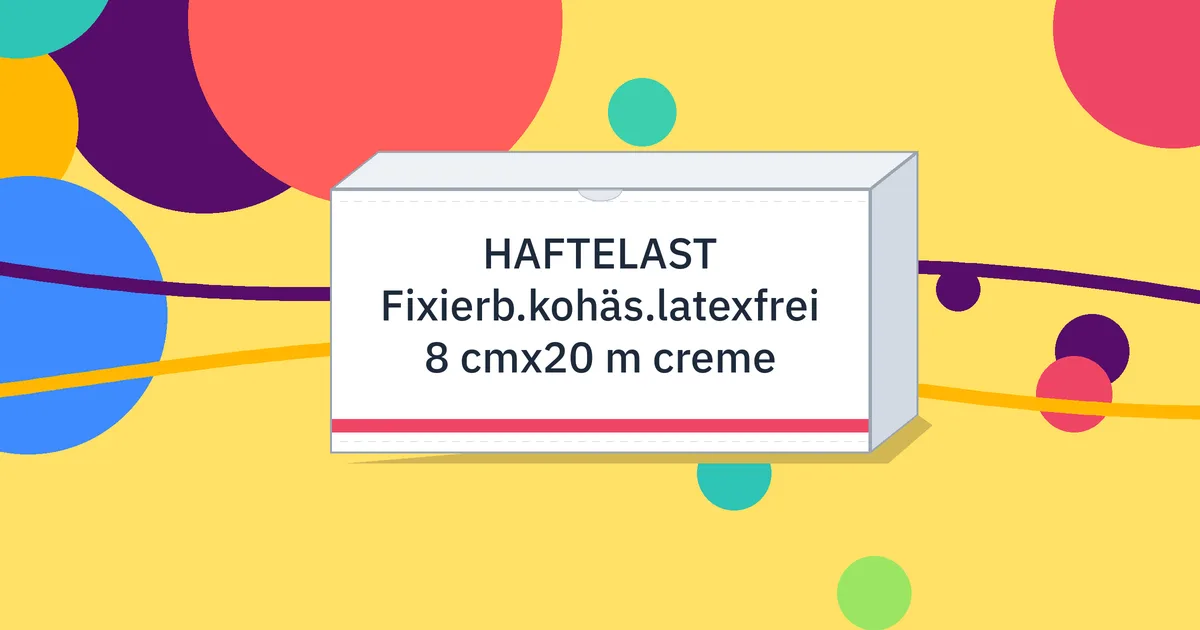 Symbolbild: Packung mit der Aufschrift HAFTELAST Fixierb.kohäs.latexfrei 8 cmx20 m creme (PZN 08817226) – Verfügbarkeit und Bezug in Apotheken in Frankfurt am Main
