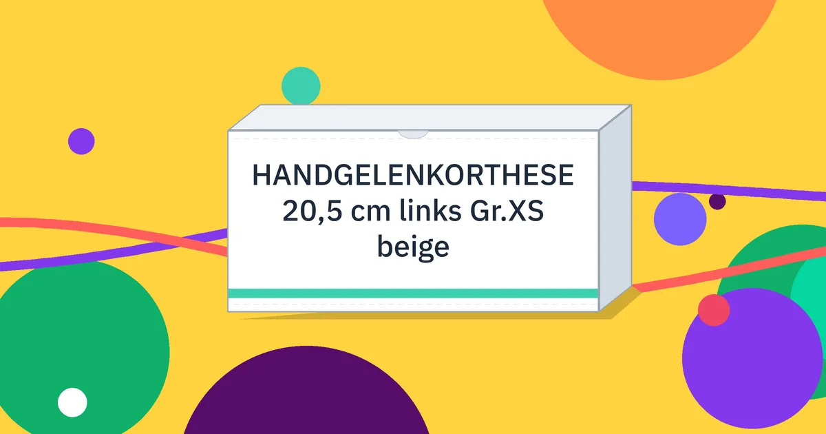 Symbolbild: Packung mit der Aufschrift HANDGELENKORTHESE 20,5 cm links Gr.XS beige (PZN 03387100) – Verfügbarkeit und Bezug in Apotheken in Frankfurt am Main