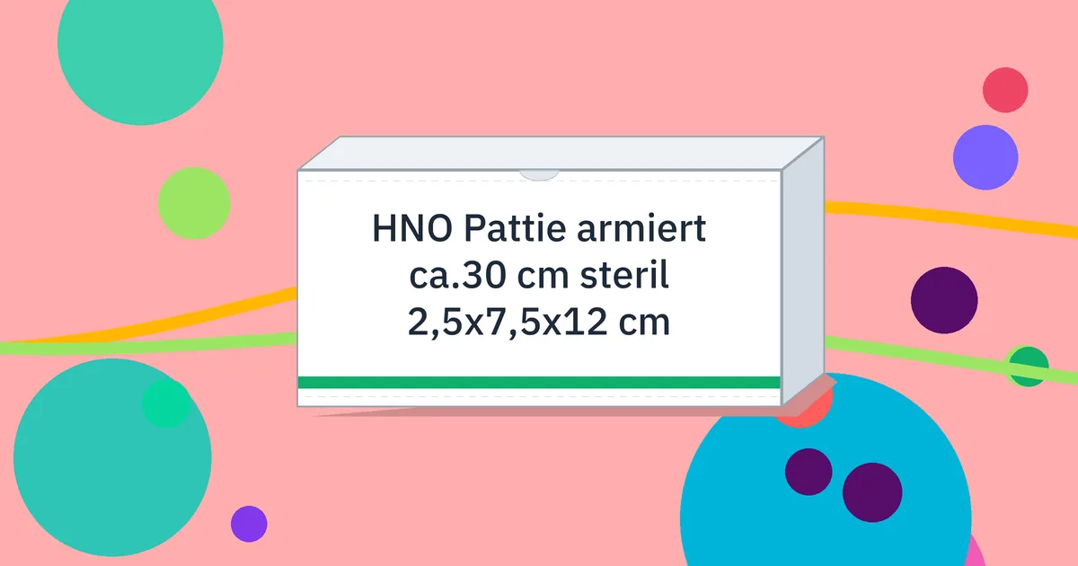 Symbolbild: Packung mit der Aufschrift HNO Pattie armiert ca.30 cm steril 2,5x7,5x12 cm (PZN 10948289) – Verfügbarkeit und Bezug in Apotheken in Frankfurt am Main