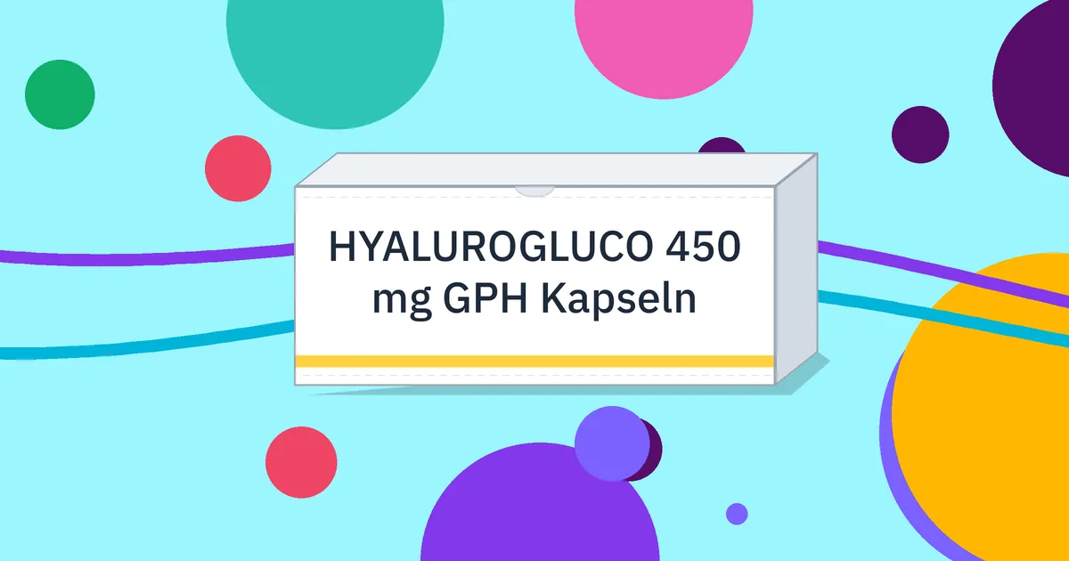 Symbolbild: Packung mit der Aufschrift HYALUROGLUCO 450 mg GPH Kapseln (PZN 01160289) – Verfügbarkeit und Bezug in Apotheken in Frankfurt am Main
