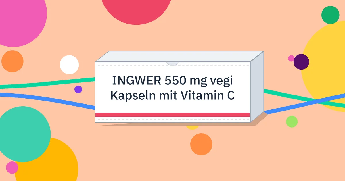 Symbolbild: Packung mit der Aufschrift INGWER 550 mg vegi Kapseln mit Vitamin C (PZN 16536866) – Verfügbarkeit und Bezug in Apotheken in Frankfurt am Main