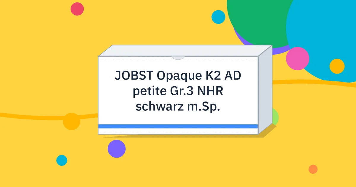 Symbolbild: Packung mit der Aufschrift JOBST Opaque K2 AD petite Gr.3 NHR schwarz m.Sp. (PZN 13109023) – Verfügbarkeit und Bezug in Apotheken in Frankfurt am Main