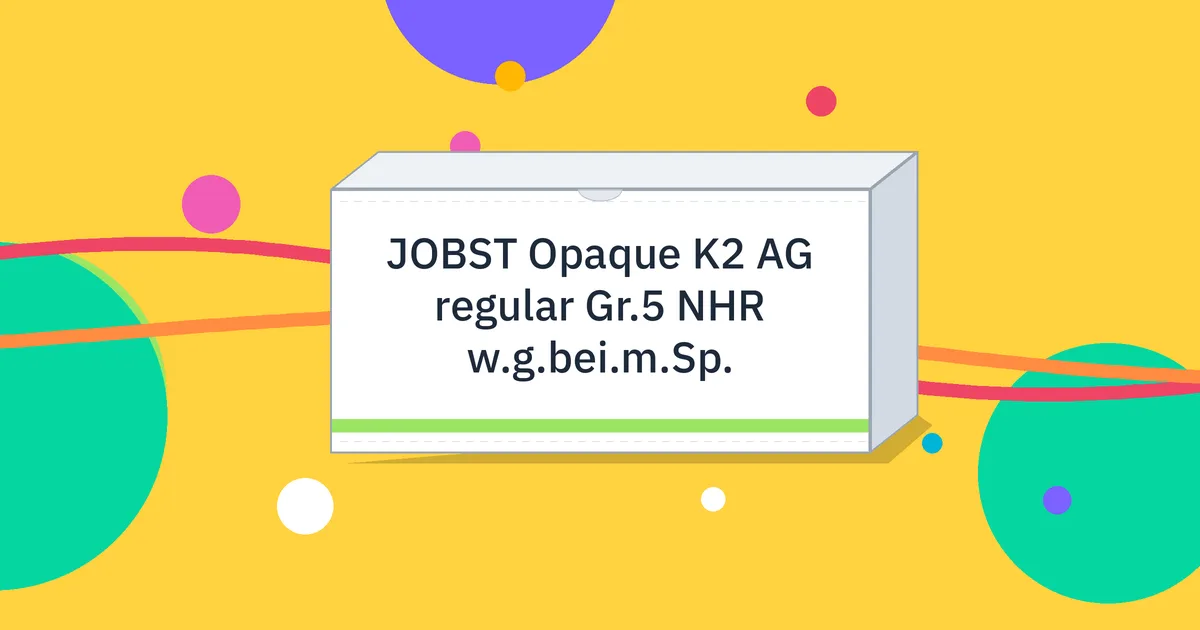 Symbolbild: Packung mit der Aufschrift JOBST Opaque K2 AG regular Gr.5 NHR w.g.bei.m.Sp. (PZN 16280591) – Verfügbarkeit und Bezug in Apotheken in Frankfurt am Main