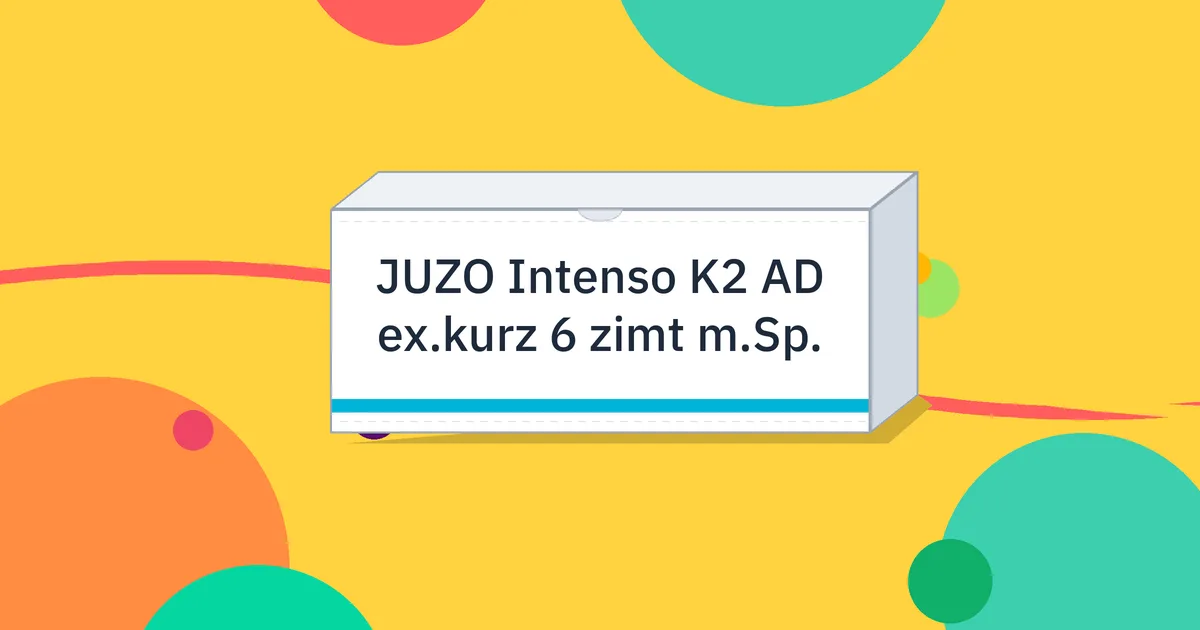 Symbolbild: Packung mit der Aufschrift JUZO Intenso K2 AD ex.kurz 6 zimt m.Sp. (PZN 18607990) – Verfügbarkeit und Bezug in Apotheken in Frankfurt am Main