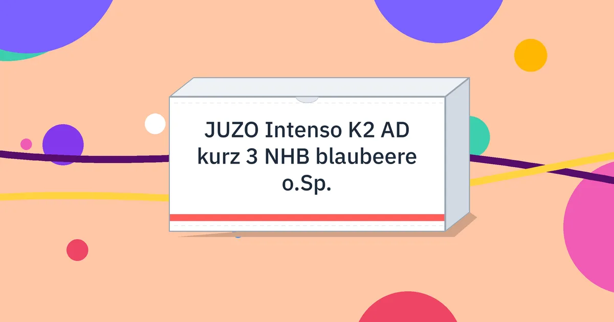 Symbolbild: Packung mit der Aufschrift JUZO Intenso K2 AD kurz 3 NHB blaubeere o.Sp. (PZN 18621599) – Verfügbarkeit und Bezug in Apotheken in Frankfurt am Main