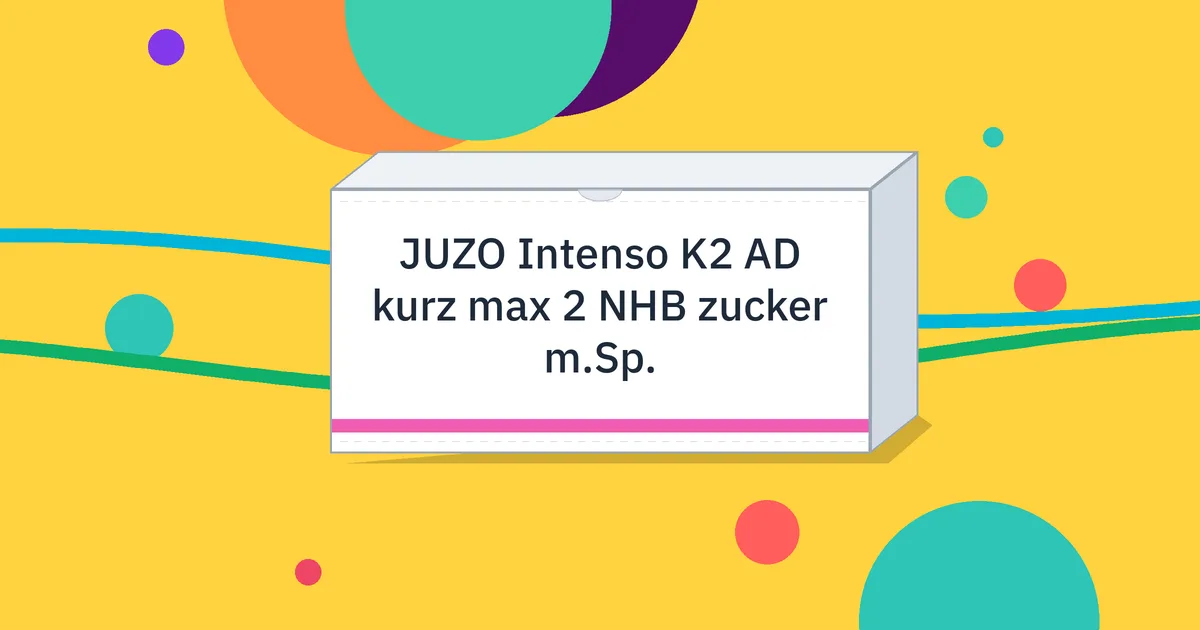 Symbolbild: Packung mit der Aufschrift JUZO Intenso K2 AD kurz max 2 NHB zucker m.Sp. (PZN 18611916) – Verfügbarkeit und Bezug in Apotheken in Frankfurt am Main