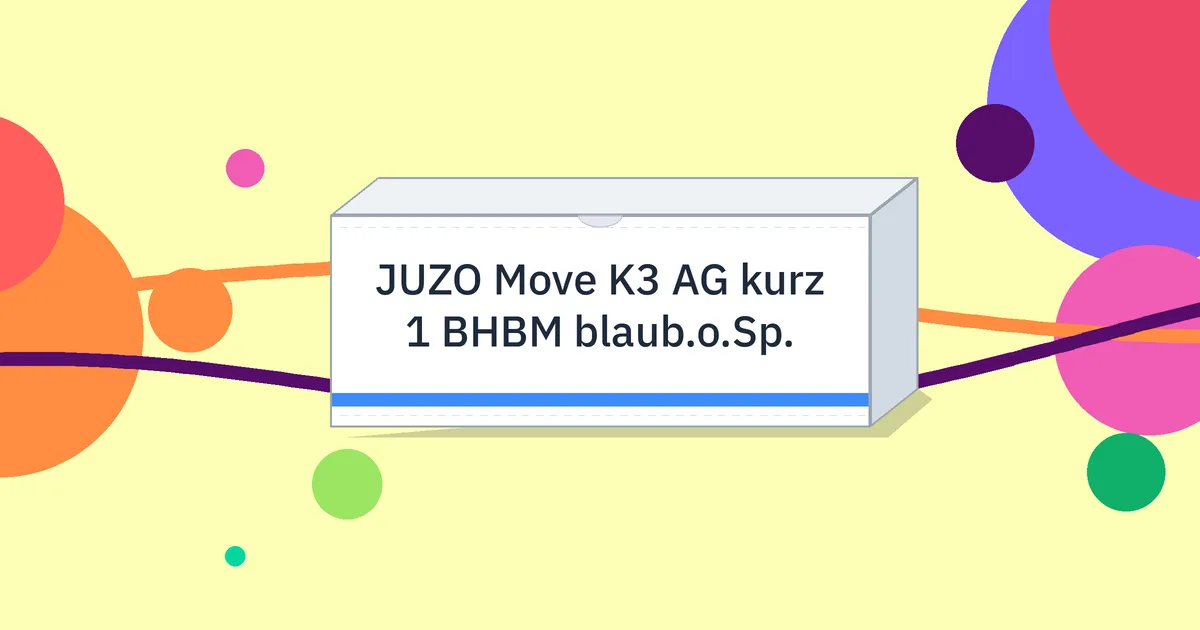 Symbolbild: Packung mit der Aufschrift JUZO Move K3 AG kurz 1 BHBM blaub.o.Sp. (PZN 18593851) – Verfügbarkeit und Bezug in Apotheken in Frankfurt am Main