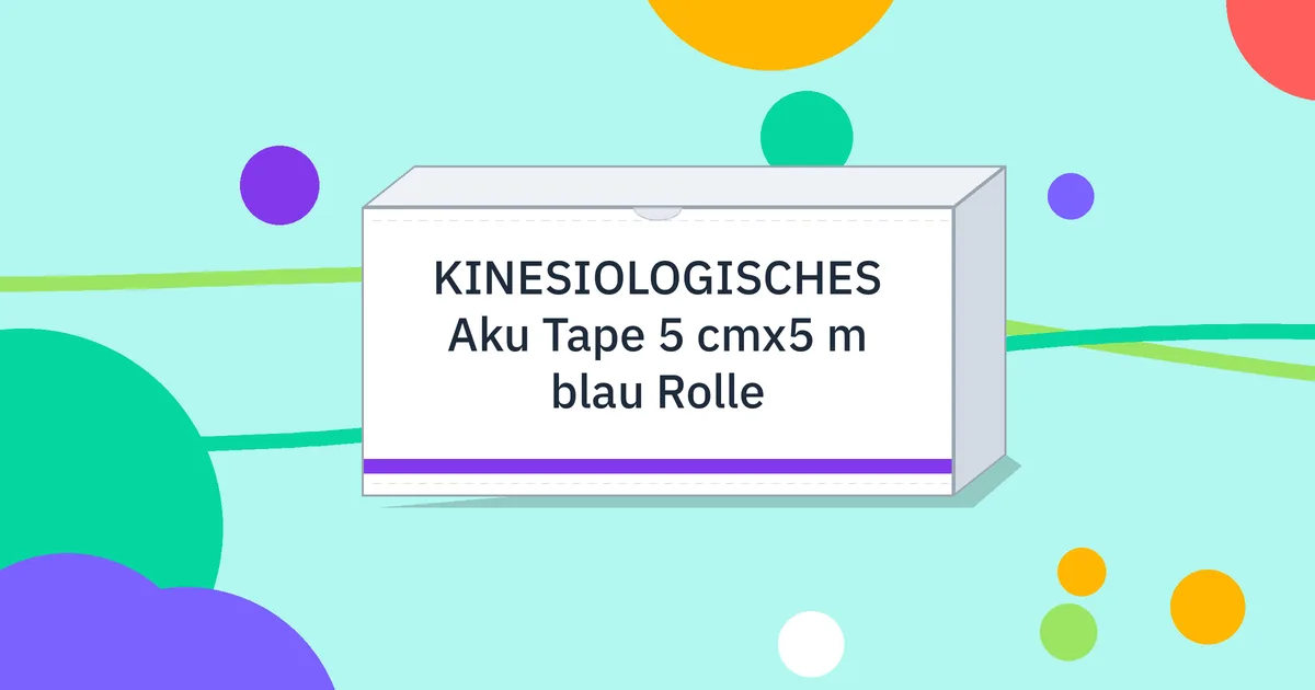 Symbolbild: Packung mit der Aufschrift KINESIOLOGISCHES Aku Tape 5 cmx5 m blau Rolle (PZN 06055597) – Verfügbarkeit und Bezug in Apotheken in Frankfurt am Main