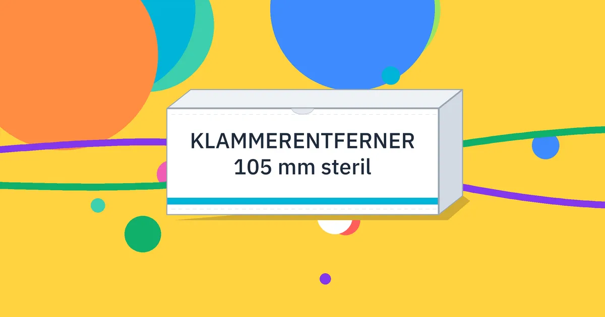 Symbolbild: Packung mit der Aufschrift KLAMMERENTFERNER 105 mm steril (PZN 19978300) – Verfügbarkeit und Bezug in Apotheken in Frankfurt am Main
