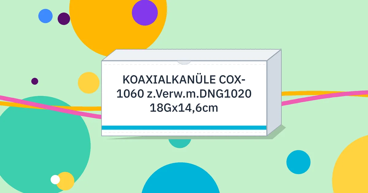 Symbolbild: Packung mit der Aufschrift KOAXIALKANÜLE COX-1060 z.Verw.m.DNG1020 18Gx14,6cm (PZN 00284144) – Verfügbarkeit und Bezug in Apotheken in Frankfurt am Main