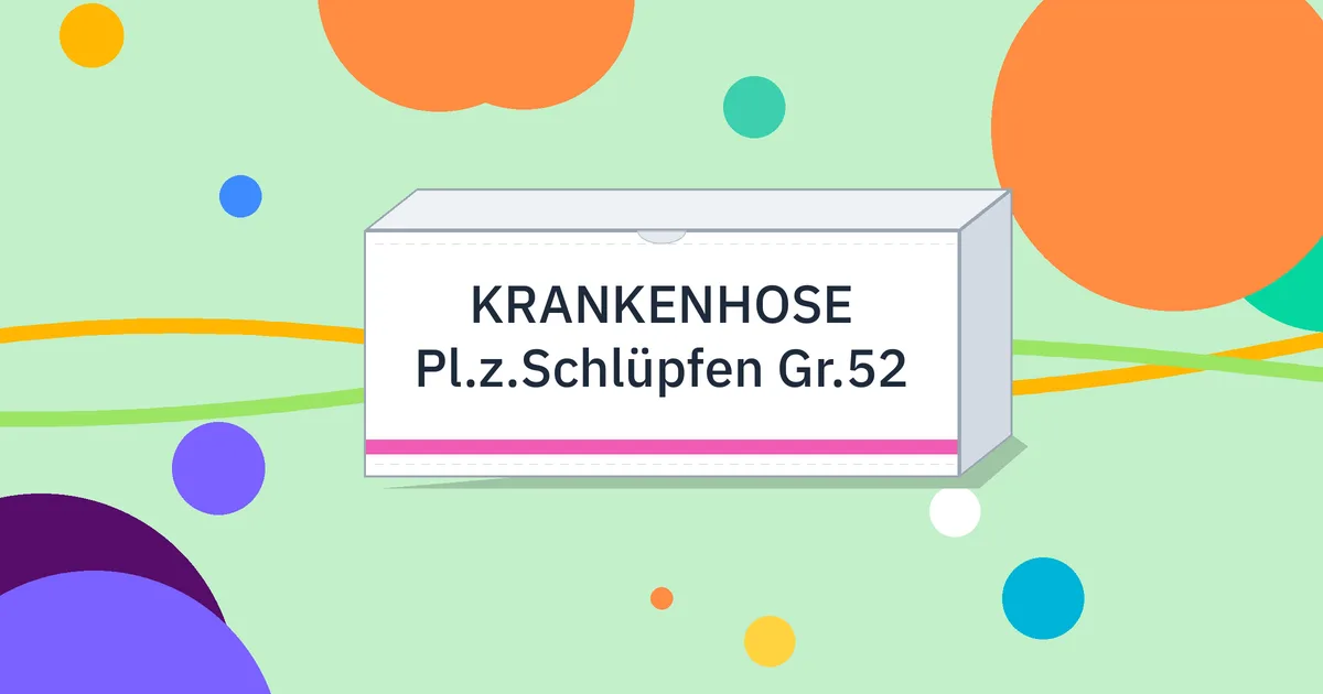 Symbolbild: Packung mit der Aufschrift KRANKENHOSE Pl.z.Schlüpfen Gr.52 (PZN 01740762) – Verfügbarkeit und Bezug in Apotheken in Frankfurt am Main