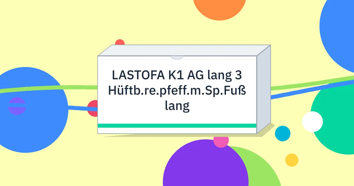Symbolbild: Packung mit der Aufschrift LASTOFA K1 AG lang 3 Hüftb.re.pfeff.m.Sp.Fuß lang (PZN 13798229) – Verfügbarkeit und Bezug in Apotheken in Frankfurt am Main