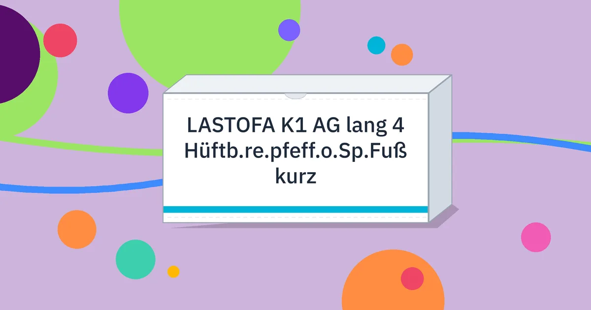 Symbolbild: Packung mit der Aufschrift LASTOFA K1 AG lang 4 Hüftb.re.pfeff.o.Sp.Fuß kurz (PZN 13798577) – Verfügbarkeit und Bezug in Apotheken in Frankfurt am Main