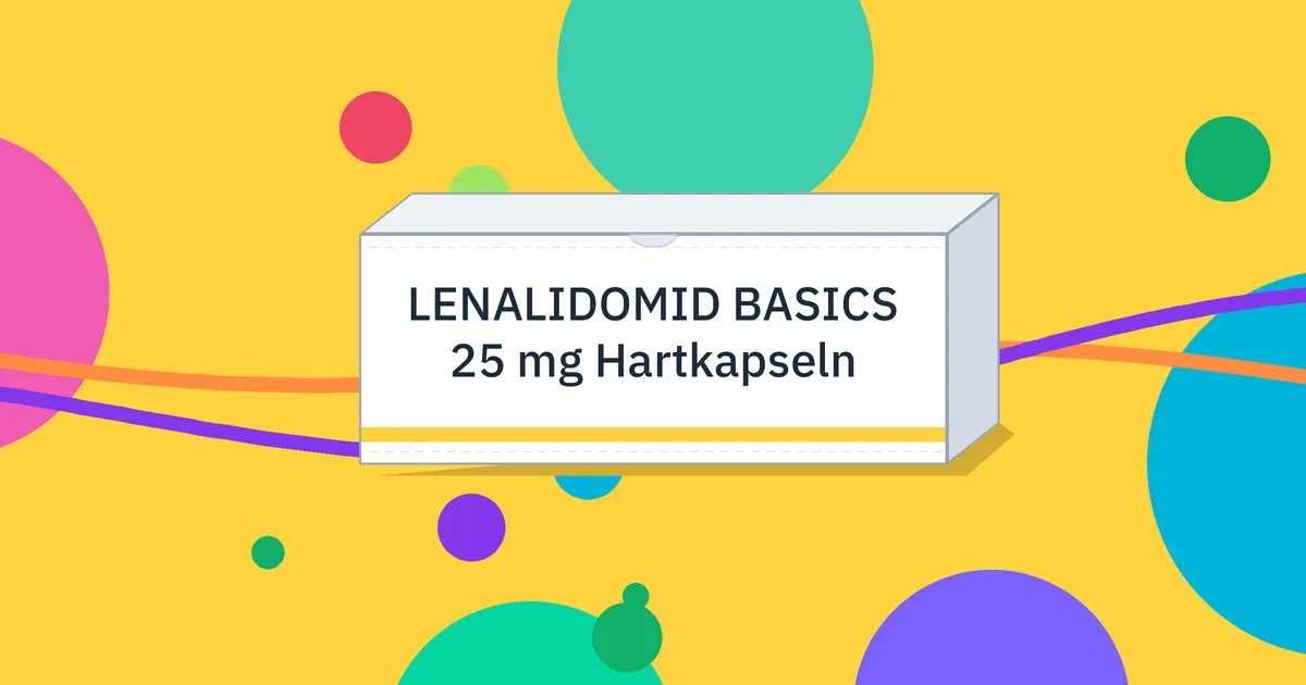 Symbolbild: Packung mit der Aufschrift LENALIDOMID BASICS 25 mg Hartkapseln (PZN 17816757) – Verfügbarkeit und Bezug in Apotheken in Frankfurt am Main