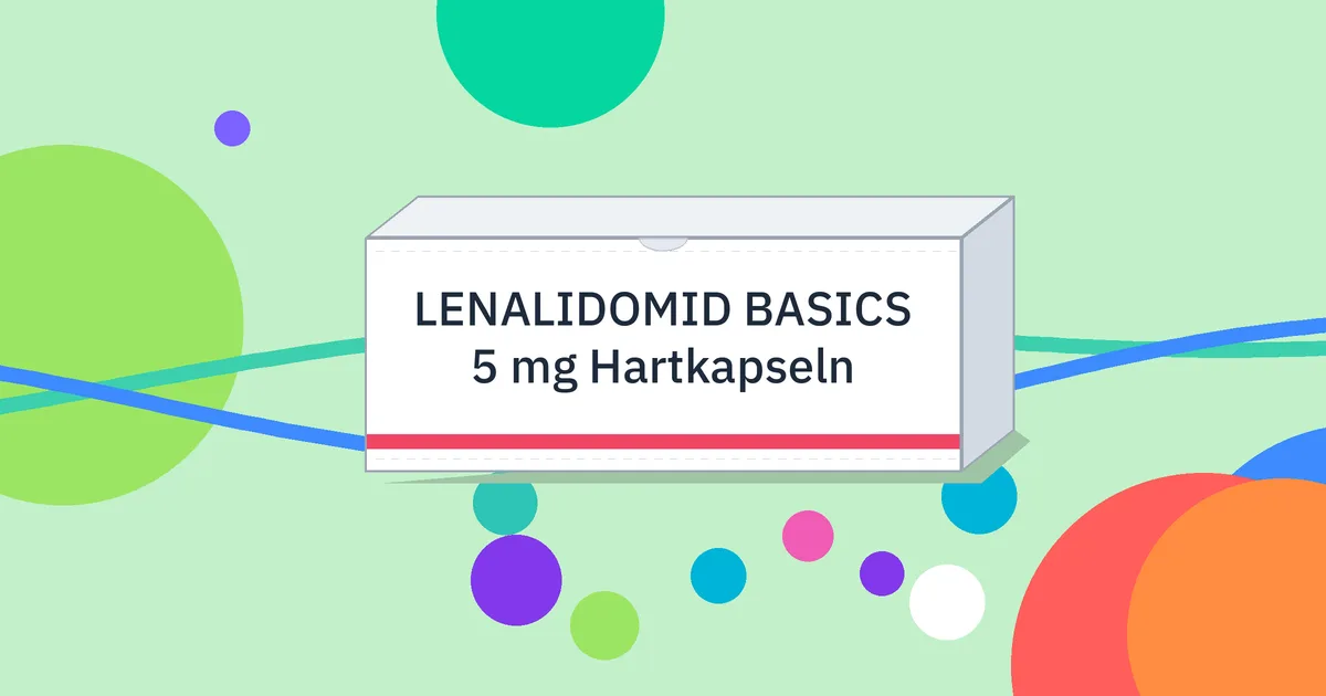 Symbolbild: Packung mit der Aufschrift LENALIDOMID BASICS 5 mg Hartkapseln (PZN 17816450) – Verfügbarkeit und Bezug in Apotheken in Frankfurt am Main