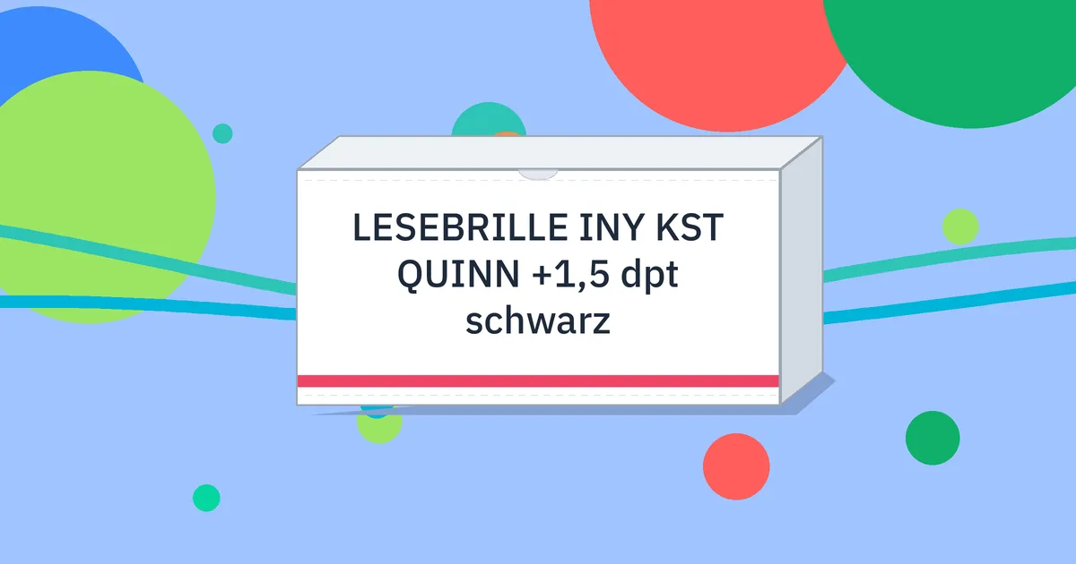 Symbolbild: Packung mit der Aufschrift LESEBRILLE INY KST QUINN +1,5 dpt schwarz (PZN 19941277) – Verfügbarkeit und Bezug in Apotheken in Frankfurt am Main