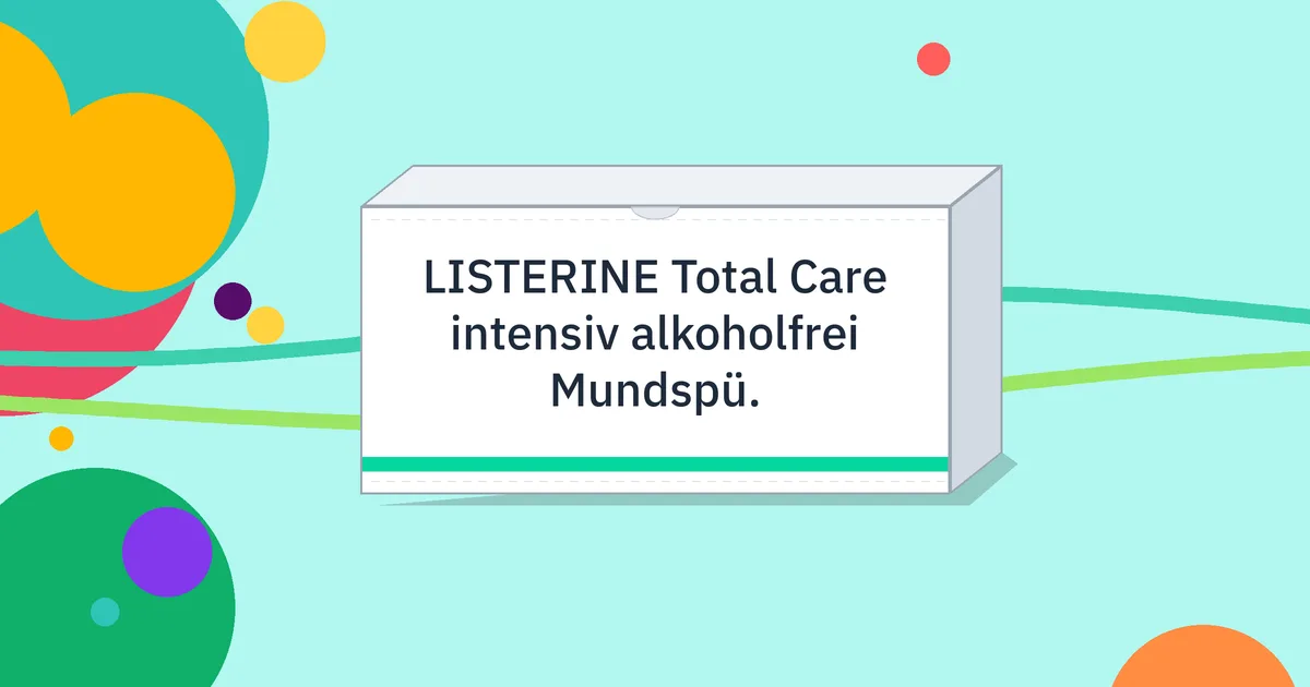 Symbolbild: Packung mit der Aufschrift LISTERINE Total Care intensiv alkoholfrei Mundspü. (PZN 20693867) – Verfügbarkeit und Bezug in Apotheken in Frankfurt am Main