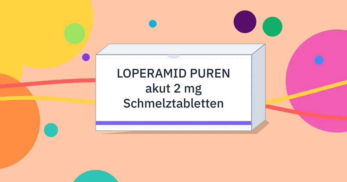 Symbolbild: Packung mit der Aufschrift LOPERAMID PUREN akut 2 mg Schmelztabletten (PZN 18352171) – Verfügbarkeit und Bezug in Apotheken in Frankfurt am Main