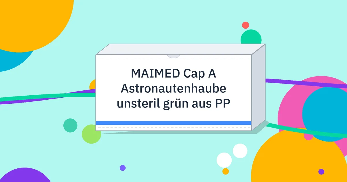 Symbolbild: Packung mit der Aufschrift MAIMED Cap A Astronautenhaube unsteril grün aus PP (PZN 17619169) – Verfügbarkeit und Bezug in Apotheken in Frankfurt am Main