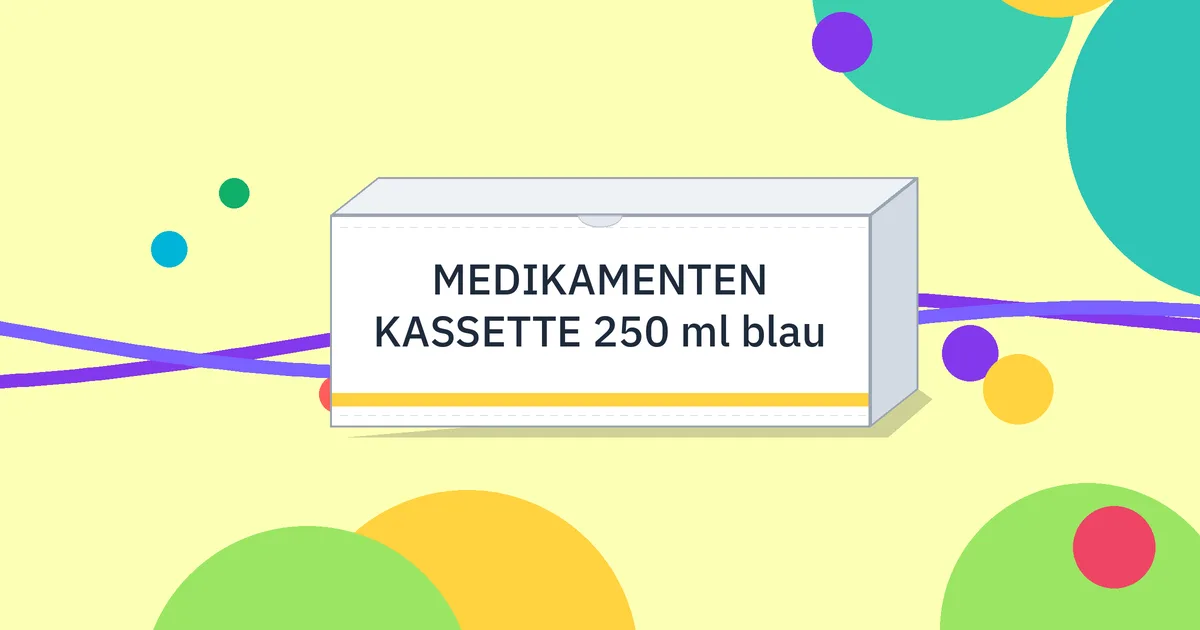Symbolbild: Packung mit der Aufschrift MEDIKAMENTEN KASSETTE 250 ml blau (PZN 09106177) – Verfügbarkeit und Bezug in Apotheken in Frankfurt am Main