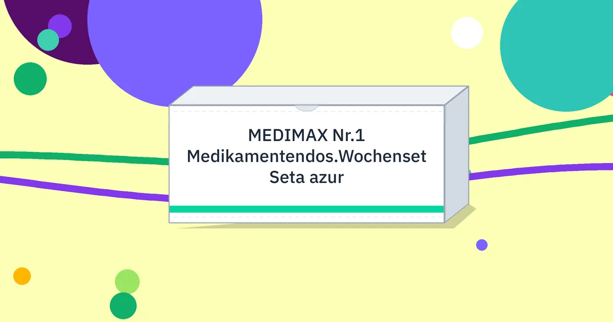 Symbolbild: Packung mit der Aufschrift MEDIMAX Nr.1 Medikamentendos.Wochenset Seta azur (PZN 14216979) – Verfügbarkeit und Bezug in Apotheken in Frankfurt am Main