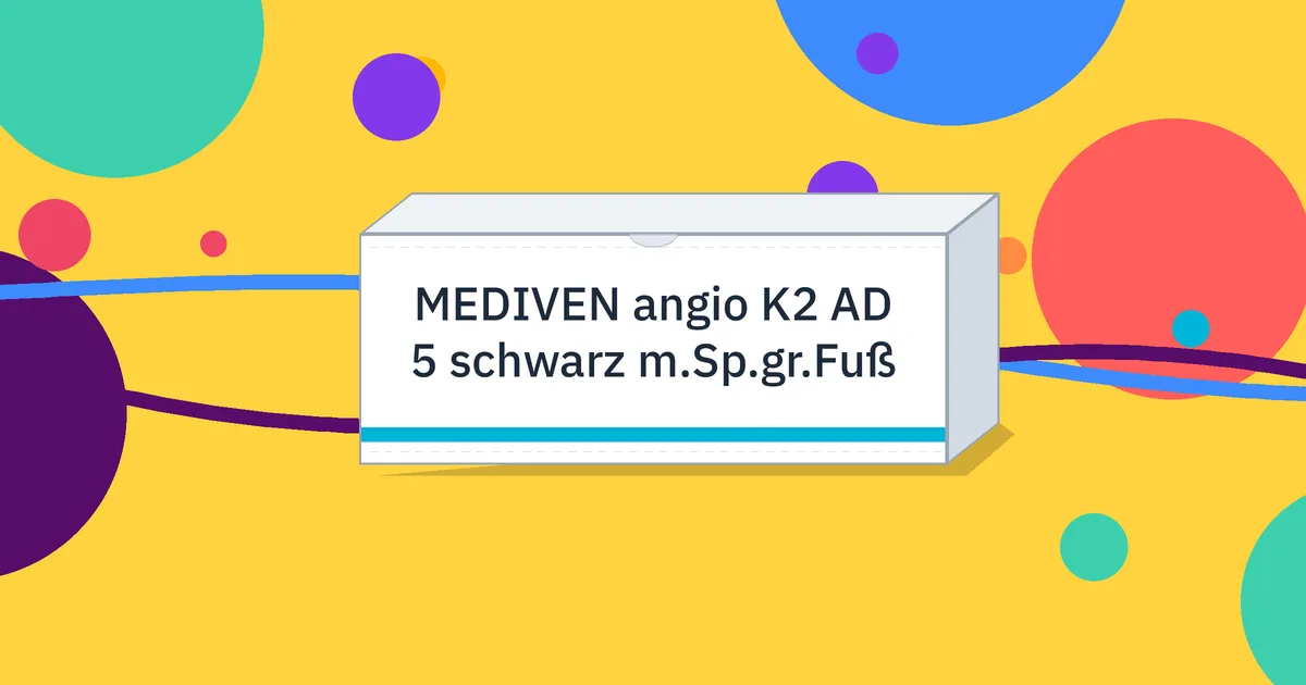 Symbolbild: Packung mit der Aufschrift MEDIVEN angio K2 AD 5 schwarz m.Sp.gr.Fuß (PZN 17210894) – Verfügbarkeit und Bezug in Apotheken in Frankfurt am Main