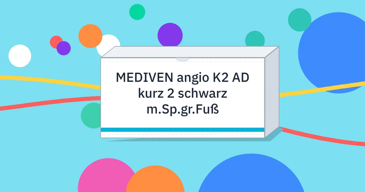 Symbolbild: Packung mit der Aufschrift MEDIVEN angio K2 AD kurz 2 schwarz m.Sp.gr.Fuß (PZN 17211190) – Verfügbarkeit und Bezug in Apotheken in Frankfurt am Main