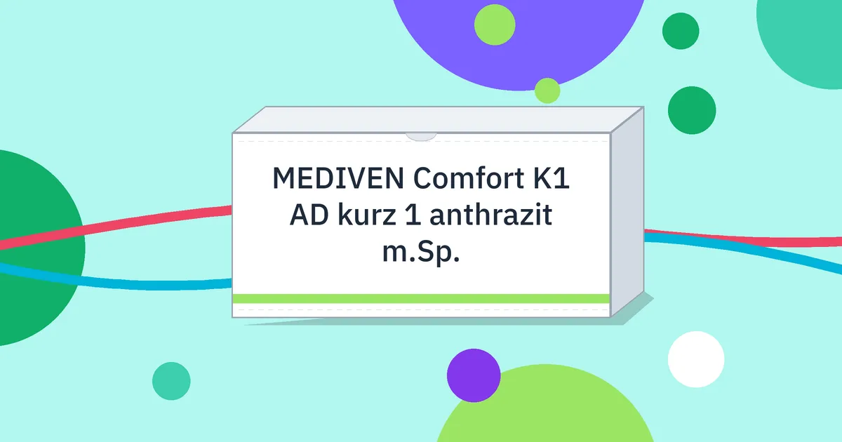 Symbolbild: Packung mit der Aufschrift MEDIVEN Comfort K1 AD kurz 1 anthrazit m.Sp. (PZN 14562492) – Verfügbarkeit und Bezug in Apotheken in Frankfurt am Main