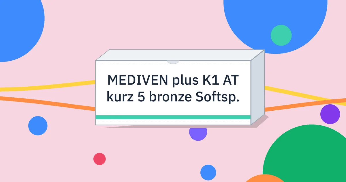 Symbolbild: Packung mit der Aufschrift MEDIVEN plus K1 AT kurz 5 bronze Softsp. (PZN 15027186) – Verfügbarkeit und Bezug in Apotheken in Frankfurt am Main
