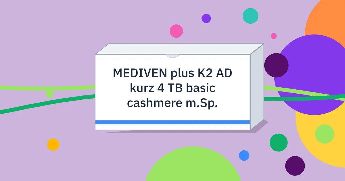 Symbolbild: Packung mit der Aufschrift MEDIVEN plus K2 AD kurz 4 TB basic cashmere m.Sp. (PZN 15098192) – Verfügbarkeit und Bezug in Apotheken in Frankfurt am Main