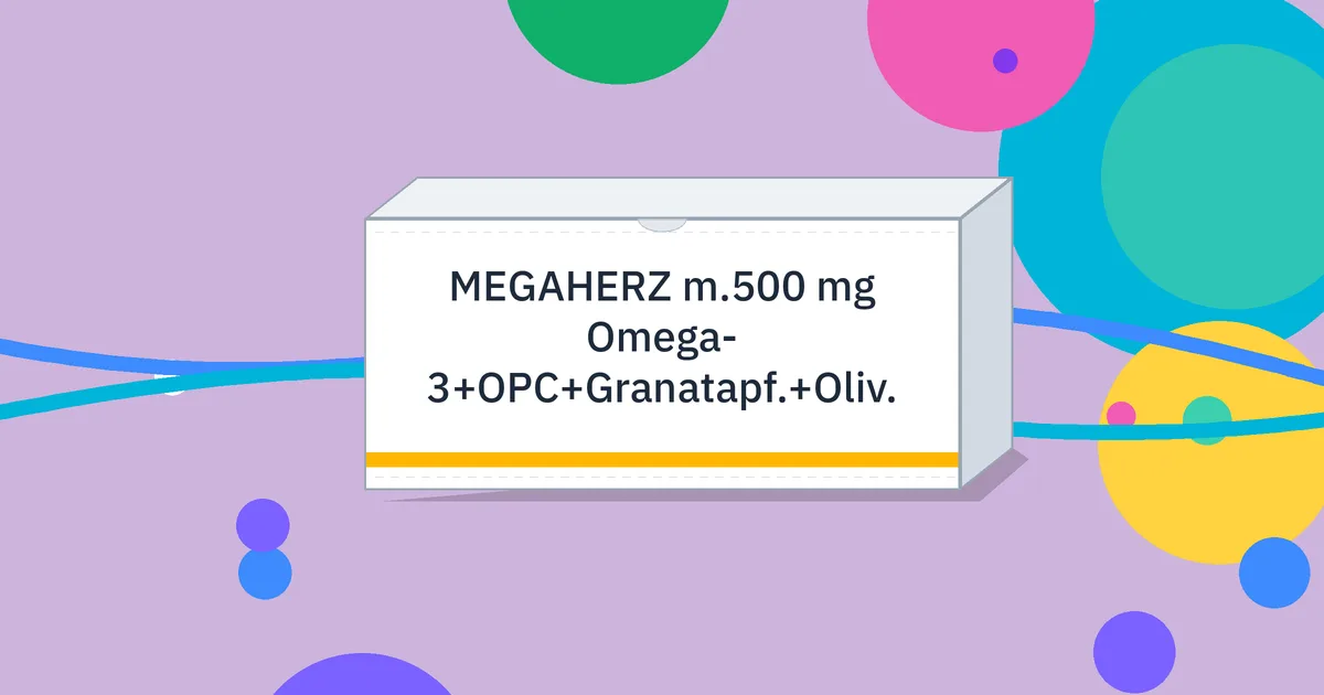 Symbolbild: Packung mit der Aufschrift MEGAHERZ m.500 mg Omega-3+OPC+Granatapf.+Oliv. (PZN 16582932) – Verfügbarkeit und Bezug in Apotheken in Frankfurt am Main