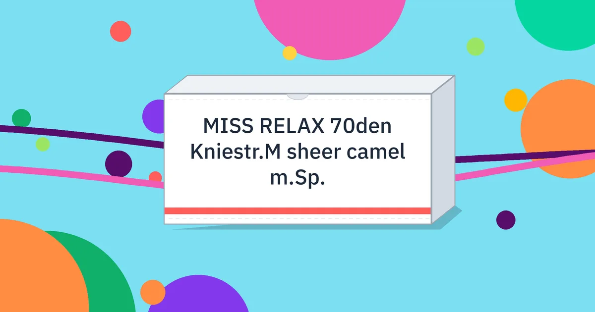 Symbolbild: Packung mit der Aufschrift MISS RELAX 70den Kniestr.M sheer camel m.Sp. (PZN 04271049) – Verfügbarkeit und Bezug in Apotheken in Frankfurt am Main