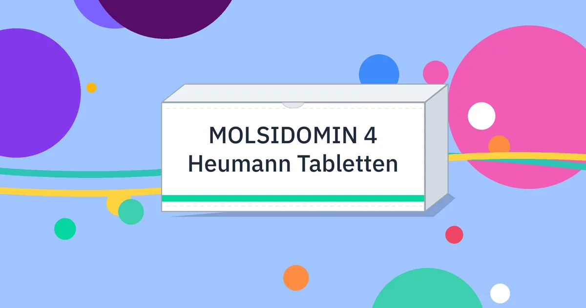 Symbolbild: Packung mit der Aufschrift MOLSIDOMIN 4 Heumann Tabletten (PZN 03911015) – Verfügbarkeit und Bezug in Apotheken in Frankfurt am Main