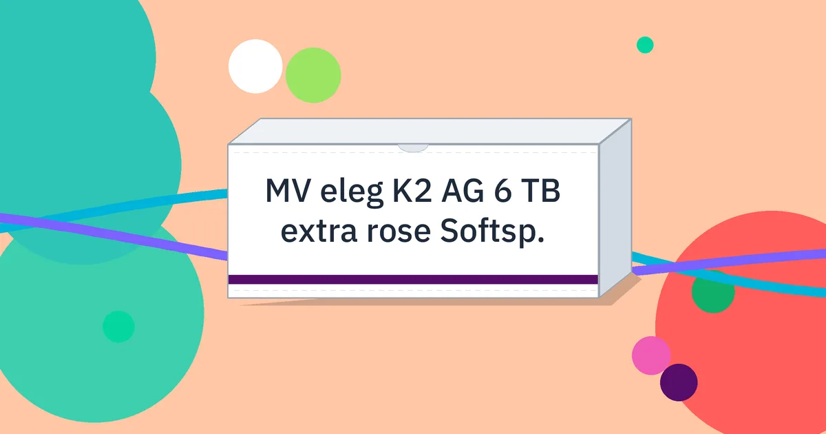 Symbolbild: Packung mit der Aufschrift MV eleg K2 AG 6 TB extra rose Softsp. (PZN 14699340) – Verfügbarkeit und Bezug in Apotheken in Frankfurt am Main