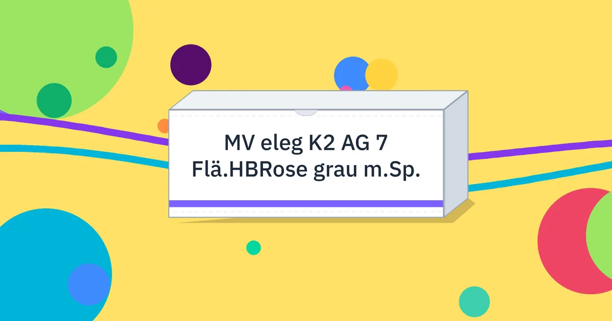 Symbolbild: Packung mit der Aufschrift MV eleg K2 AG 7 Flä.HBRose grau m.Sp. (PZN 18929268) – Verfügbarkeit und Bezug in Apotheken in Frankfurt am Main