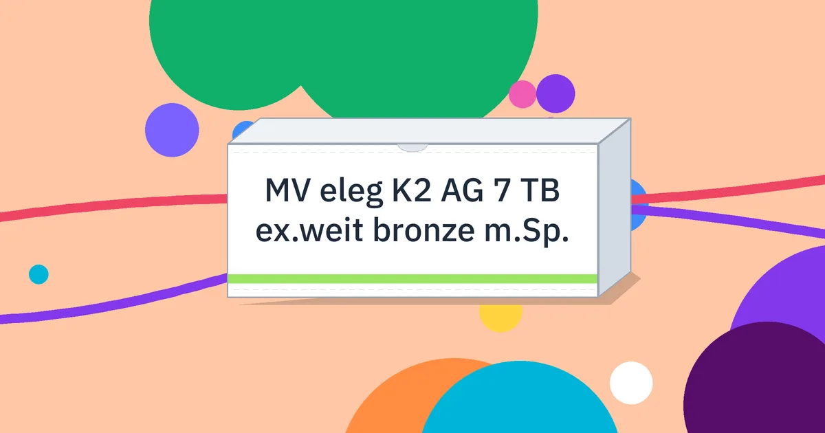 Symbolbild: Packung mit der Aufschrift MV eleg K2 AG 7 TB ex.weit bronze m.Sp. (PZN 14719404) – Verfügbarkeit und Bezug in Apotheken in Frankfurt am Main