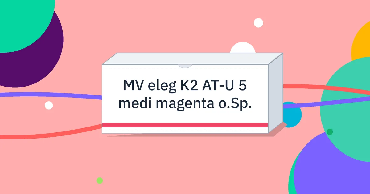 Symbolbild: Packung mit der Aufschrift MV eleg K2 AT-U 5 medi magenta o.Sp. (PZN 15290558) – Verfügbarkeit und Bezug in Apotheken in Frankfurt am Main