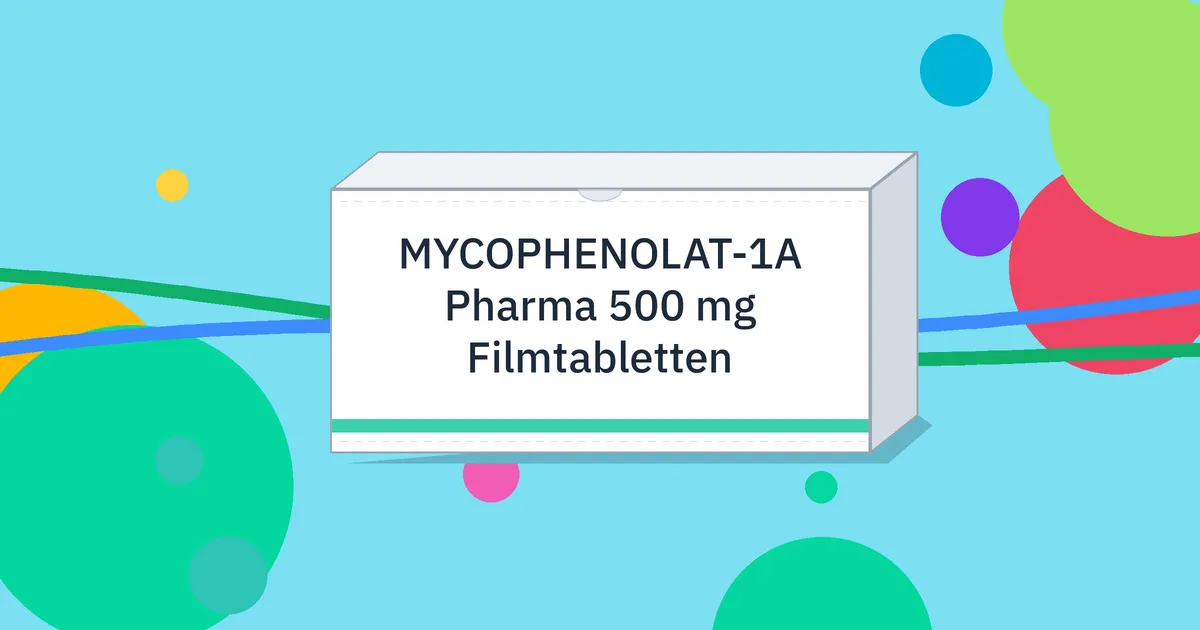 Symbolbild: Packung mit der Aufschrift MYCOPHENOLAT-1A Pharma 500 mg Filmtabletten (PZN 18175154) – Verfügbarkeit und Bezug in Apotheken in Frankfurt am Main