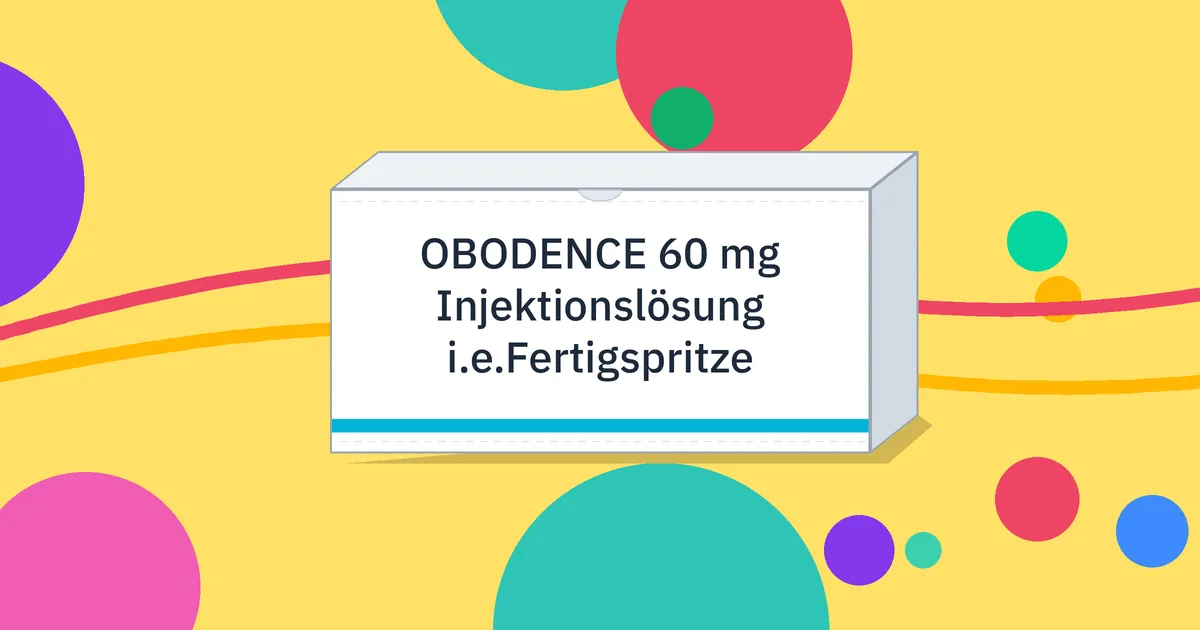 Symbolbild: Packung mit der Aufschrift OBODENCE 60 mg Injektionslösung i.e.Fertigspritze (PZN 19973751) – Verfügbarkeit und Bezug in Apotheken in Frankfurt am Main