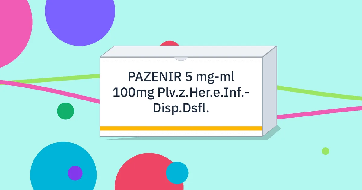 Symbolbild: Packung mit der Aufschrift PAZENIR 5 mg-ml 100mg Plv.z.Her.e.Inf.-Disp.Dsfl. (PZN 17538726) – Verfügbarkeit und Bezug in Apotheken in Frankfurt am Main